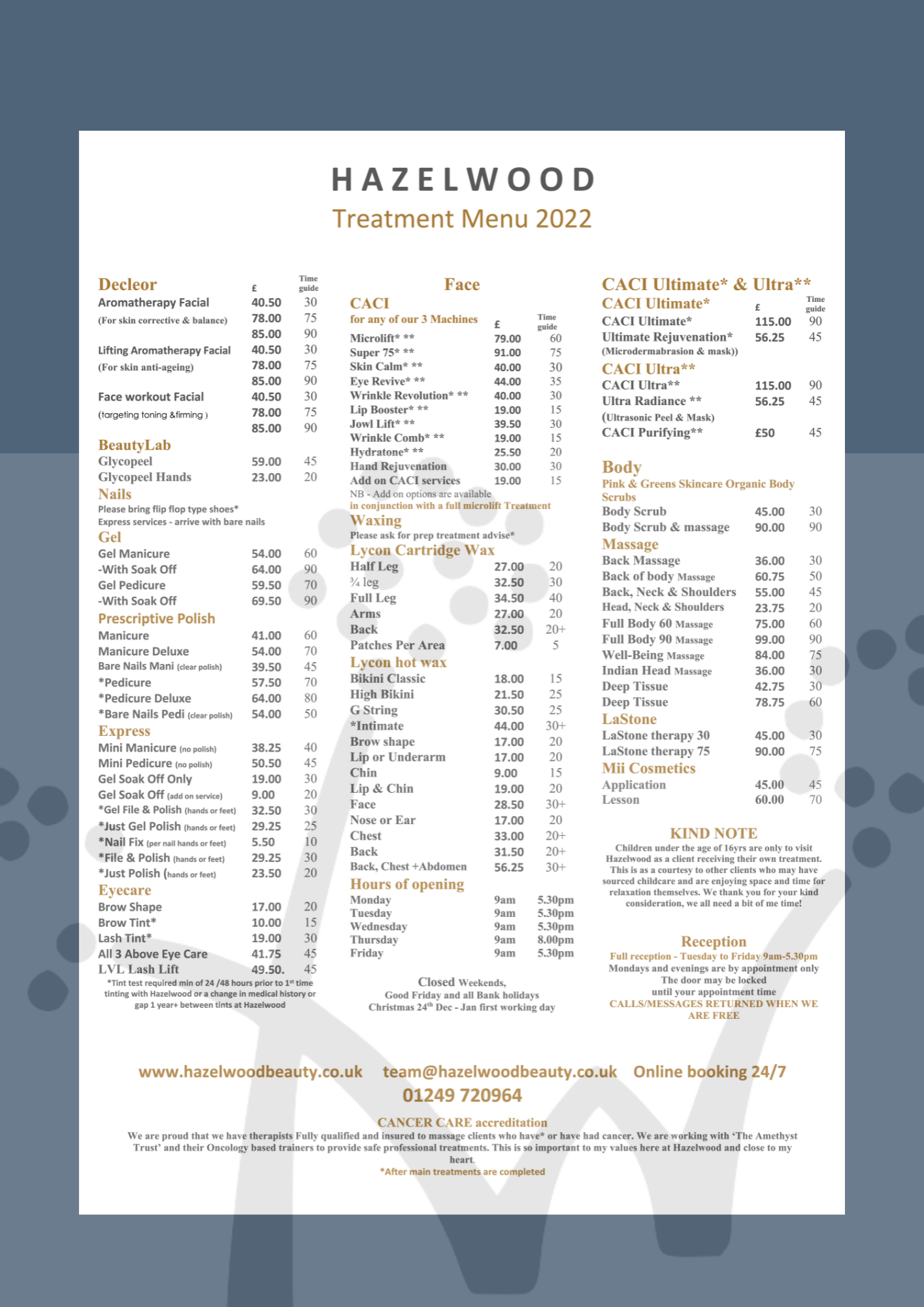 Menu - Welcome to Hazelwood